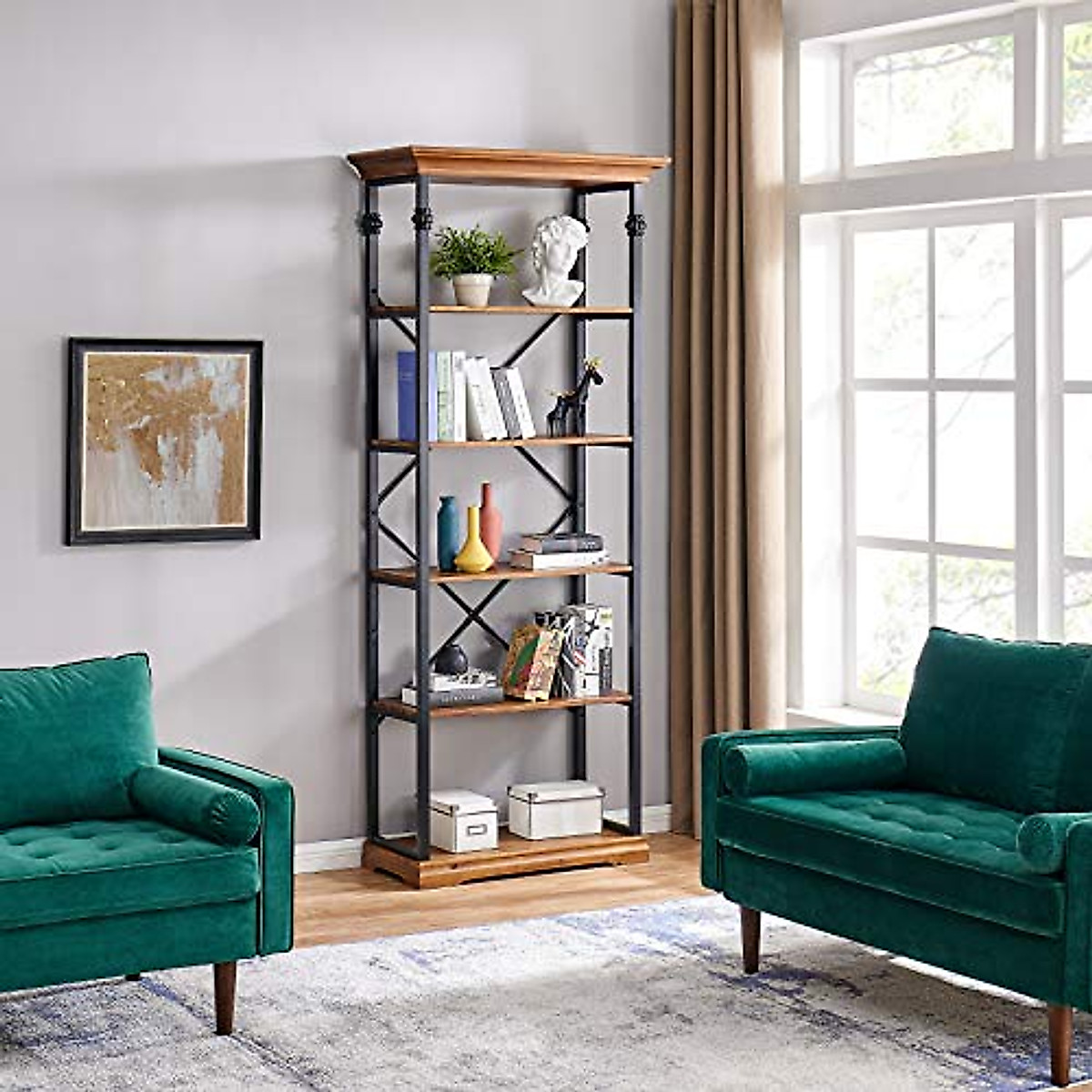Danya B Juanita 6-Tier Etagere Wood and Metal Open Bookcase GH9006BW | Real Wood and Metal Freestanding Bookshelf | Industrial, Rustic, Farmhouse Style
