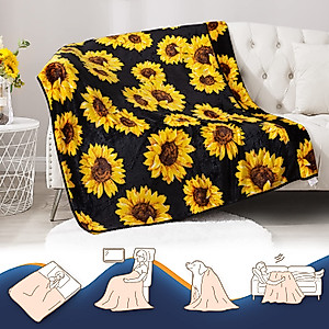 Sunflower Blankets Gifts for Women, Double-Sided Throw Blanket, Birthday Gifts for Girls, Lightweight Flannel Cozy Plush for Adult Kids, Sunflowers Girly Bedroom Decor (Black and Yellow)50x60 inch