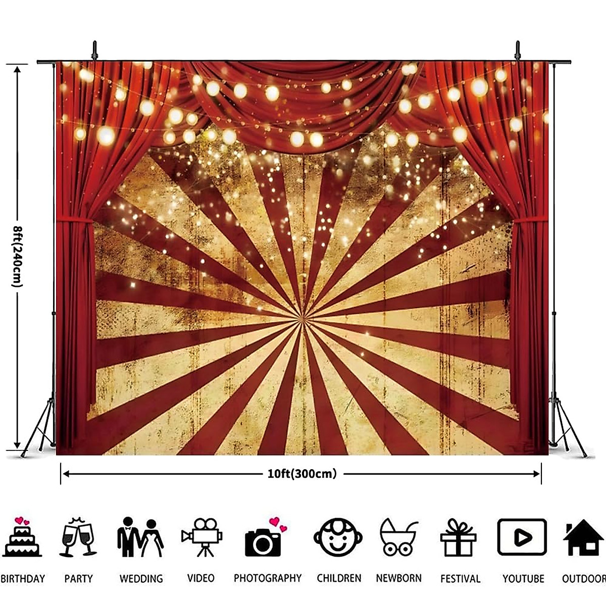 10x8ft Circus Backdrop Carnival Theme Party Red Curtain Background Baby Shower Birthday Party Potrait Banner Photo Booth Cake Table Decorations