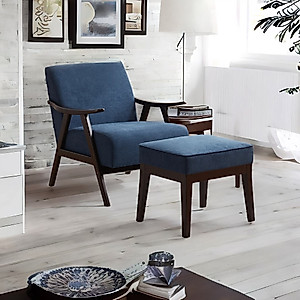 Batohom Solid Wooden Armchair with Ottoman,Mid Century Modern Chair and Footrest,Upholstered Club Chair and Ottoman Set,Comfy Reading Tufted Accent Chair for Bedroom,Side Living Room Chair (Blue)