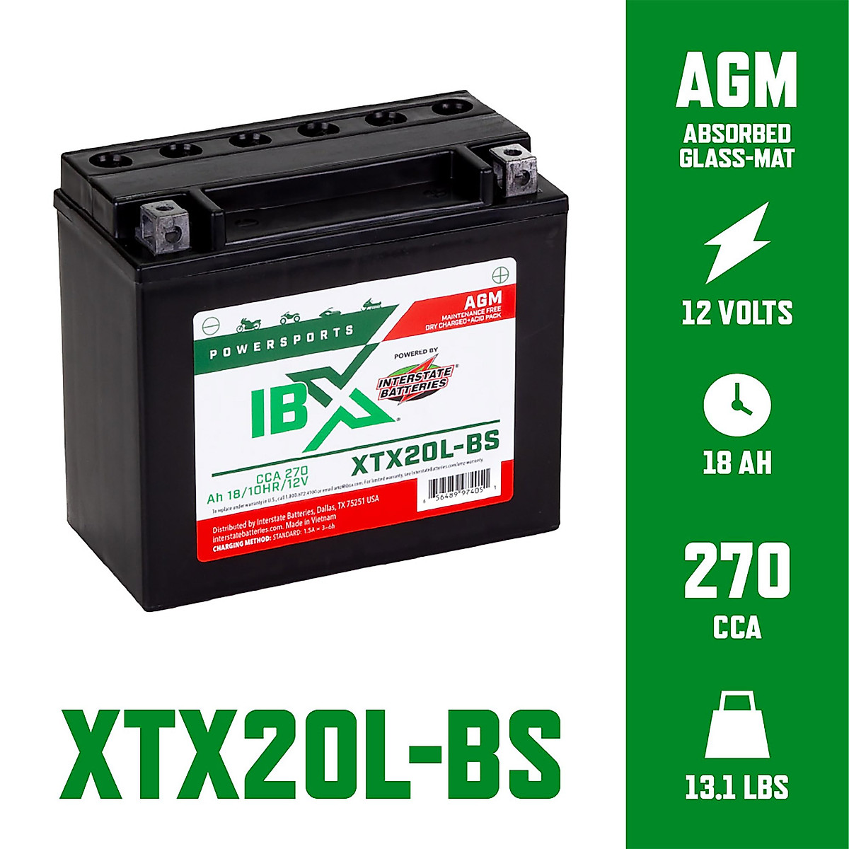 Interstate Batteries YTX20L-BS 12V 18Ah Powersports Battery 270CCA AGM Rechargeable Replacement for Motorcycles, ATVs, Jet Skis, Snowmobiles, UTVs (XTX20L-BS)