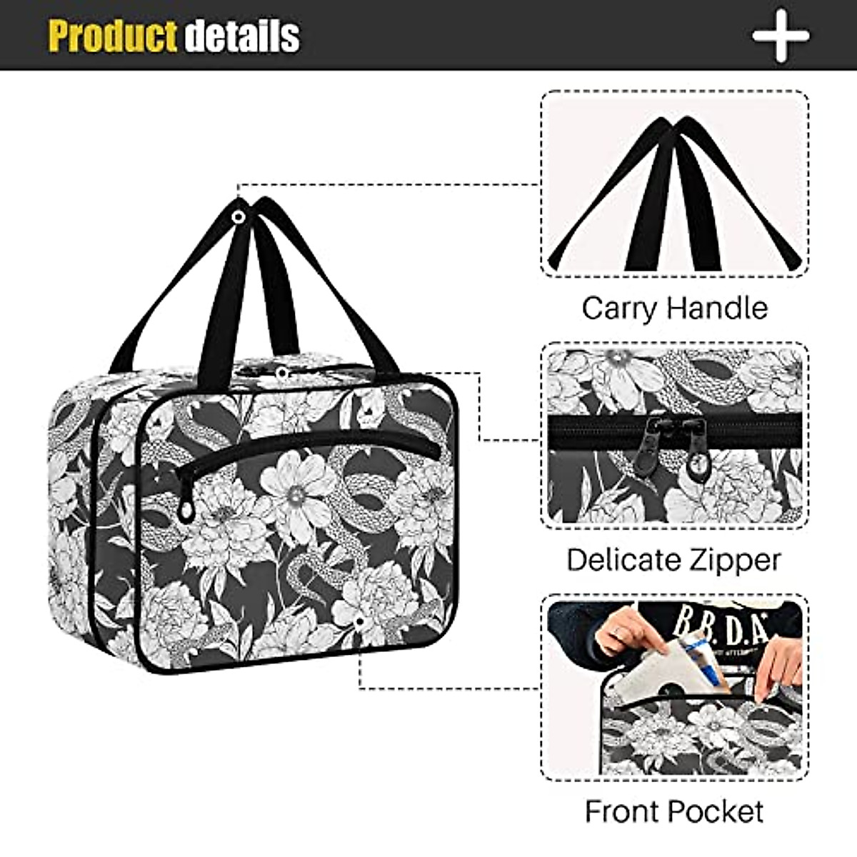 Vnurnrn Snakes Flowers Large Travel Toiletry Bag for women Makeup Organizer Bag with Hanging Hook Shower Bag for Traveling Electric Shaver Brush