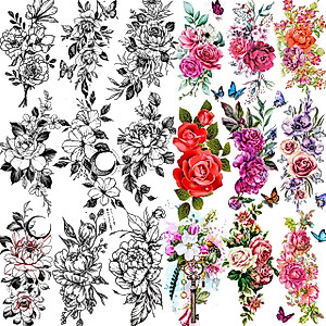 TASROI 18 Sheets Sexy Flower Rose Temporary Tattoos For Women Girls Adults, Women Body Art Fake Arm Tattoo Stickers, Waterproof Moon Butterfly Black Floral Tattoo Temporary Orchid Dahlia Neck Tatoos