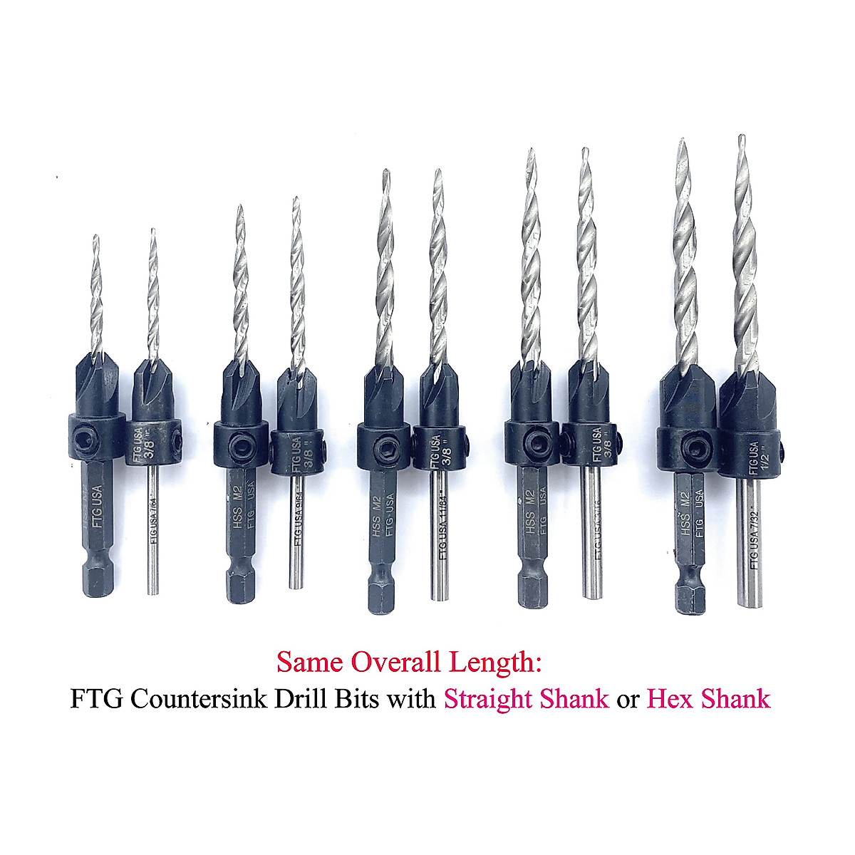 FTG USA Adjustable Wood Countersink Drill Bit Set 5 Sizes Countersink Drill bit #4#6#8#10#12 Tapered Drill Bits with Straight Shank