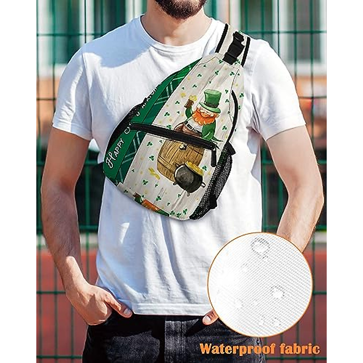 Gsypo Sling Backpack, St. Patrick's Day Dwarf Shamrock Retro Plaid Pattern Waterproof Lightweight Small Sling Bag, Travel Chest Bag Crossbody Shoulder Bag Hiking Daypack for Women Men