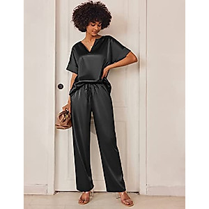 Ekouaer Women's Silk Pajama Short Sleeve Nightwear Satin V Neck Sleepwear Soft Long Pant Silky Sleep Set Black