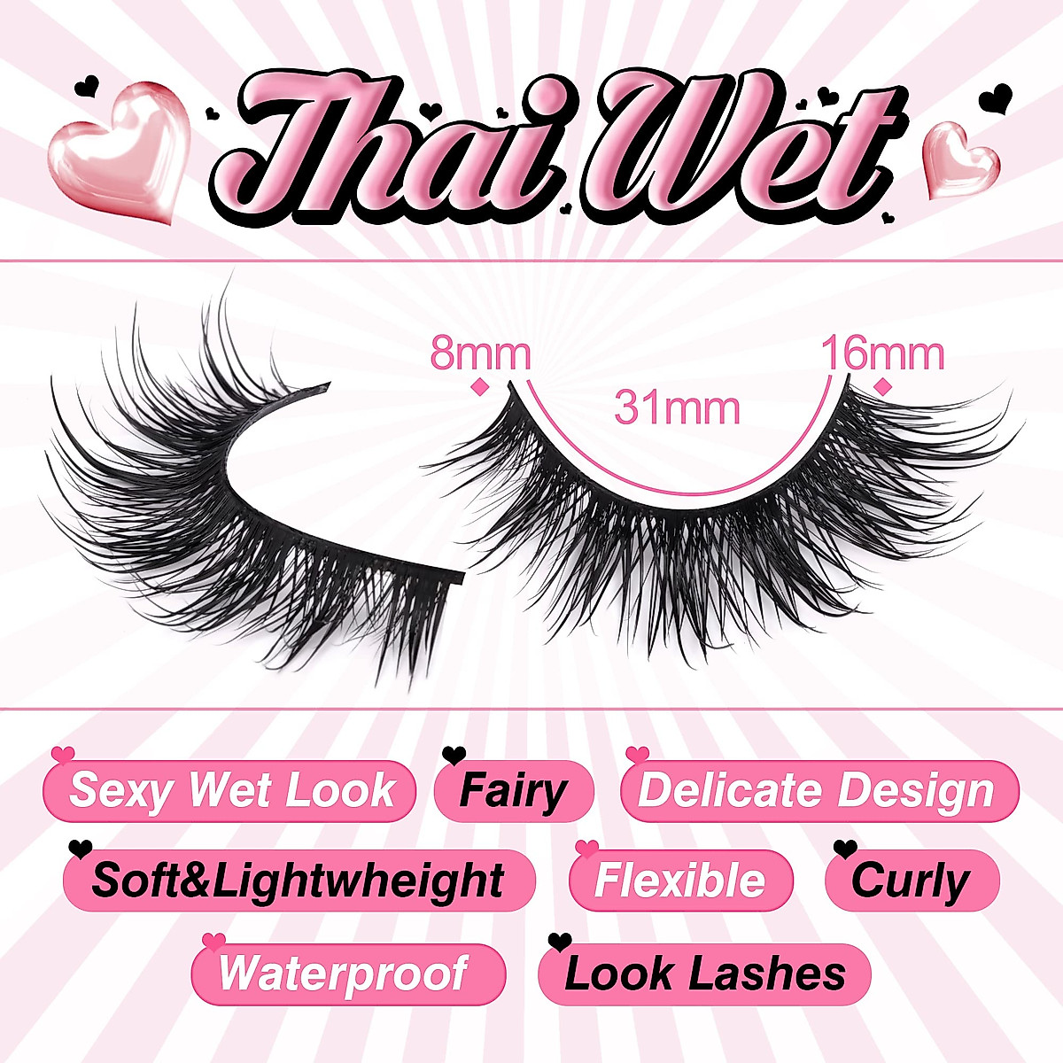 Natural False Lashes Wet Look Cat Eye Lashes Wispy Asian False Eyelashes 3D Mink Lashes 16mm Thai Fairy Lashes 14 Pairs Fake Eyelashes Pack