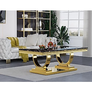 46.85" Modern Coffee Table with Black Marble Top, Rectangular Faux Marble Coffee Table with Gold Stainless Steel Pedestal Base, Luxury Cocktail Center Table for Living Room