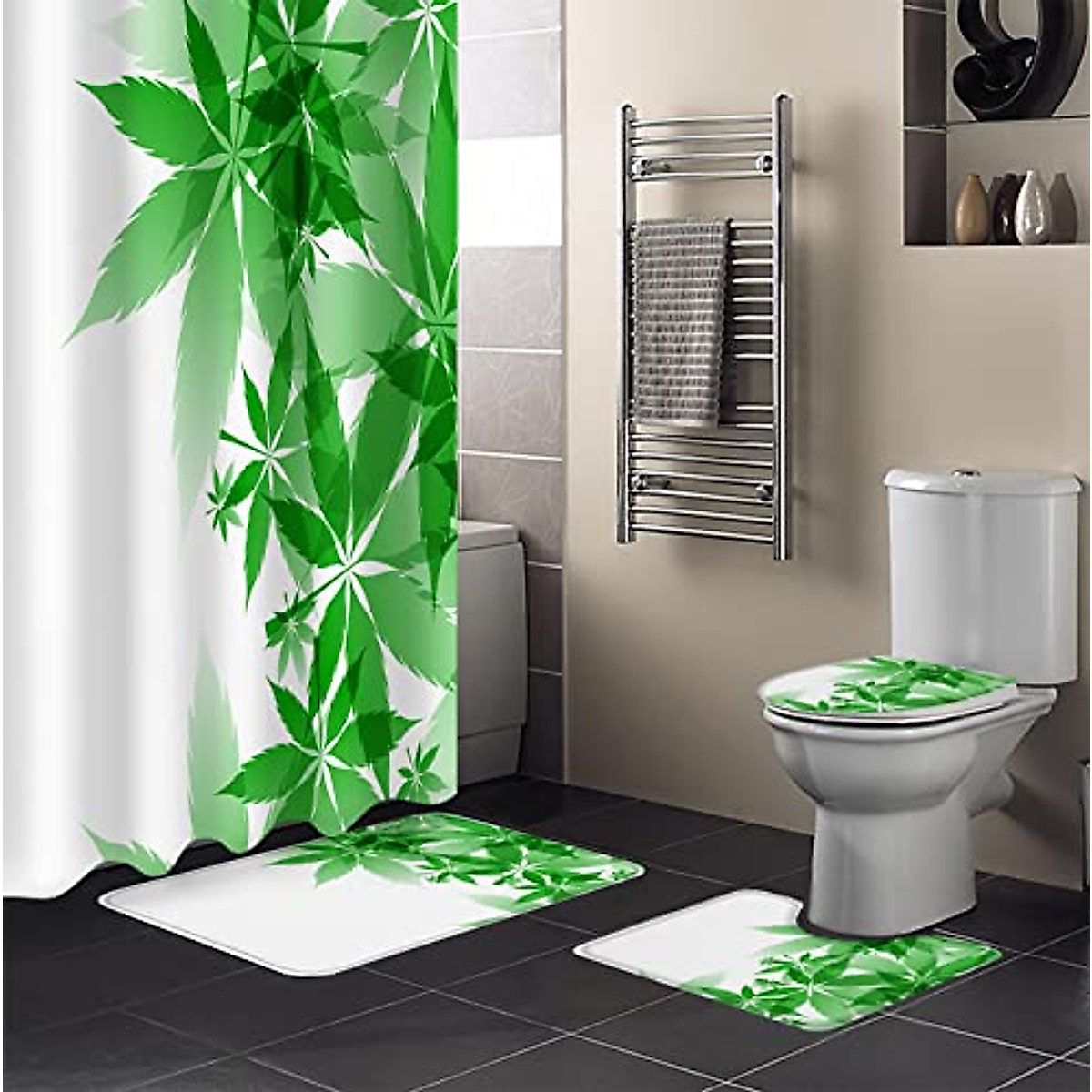 Marijuana Leaves 4 PCS Shower Curtain Sets, Waterproof Shower Curtains with Plastic Hooks, Anti-Skid Rugs, Toilet Lid Cover and Soft Bath Mat, for Bathroom Decor Set Simple Green Gradient Texture