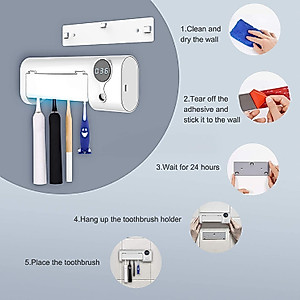 Toothbrush Cleaner with Blue Light, Toothbrush Holder Wall Mounted Without Drilling, Rechargeable Toothbrush Holder for Bathroom 2 Pack