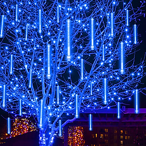 TAO XIANG QI 288 LED Christmas Lights Meteor Shower Rain Lights Outdoor Decor,8 Tube 12.2 Inch Waterproof Plug in Falling Rain Fairy String Light Christmas Decor Outdoor Tree Holiday Party Home(Blue)