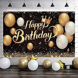 Happy Birthday Backdrop Banner 2 Pieces Large Black and Gold Happy Birthday Sign Birthday Photography Supplies Indoor Outdoor Birthday Party Decorations for Children Men Women Celebration