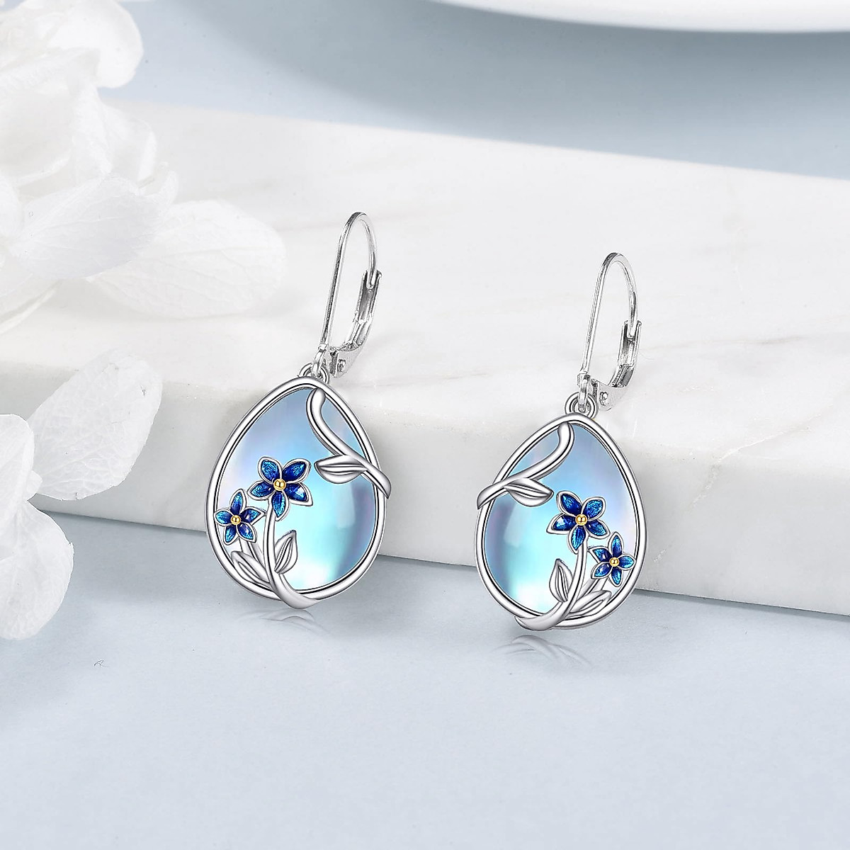YFN Moonstone Earrings with Forget-Me-Not Sterling Silver Flower Teardrop Drop Dangle Leverback Earrings Gift for Women