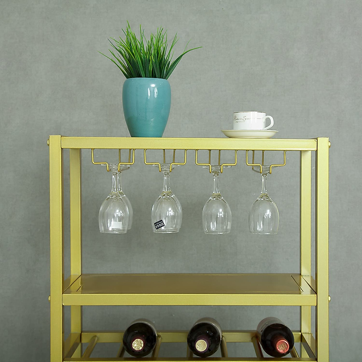 18 Bottles Metal Wine Rack 6-Tier Free Standing Wine Holder with Glass Holder, Heavy Duty Wine Bottle Organizer with Storage Shelf, Display Stand Rack with Wheels, Gold, 23.6''L x 9.8''W x 47.2''H