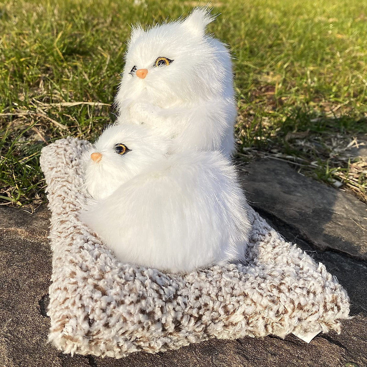 2 in 1 Simulation Furry Kittens Realistic Couple Cats on Rug/Home Shelf Car Decorative Statue - Pad Filled with Activated Carbon Beads (White)
