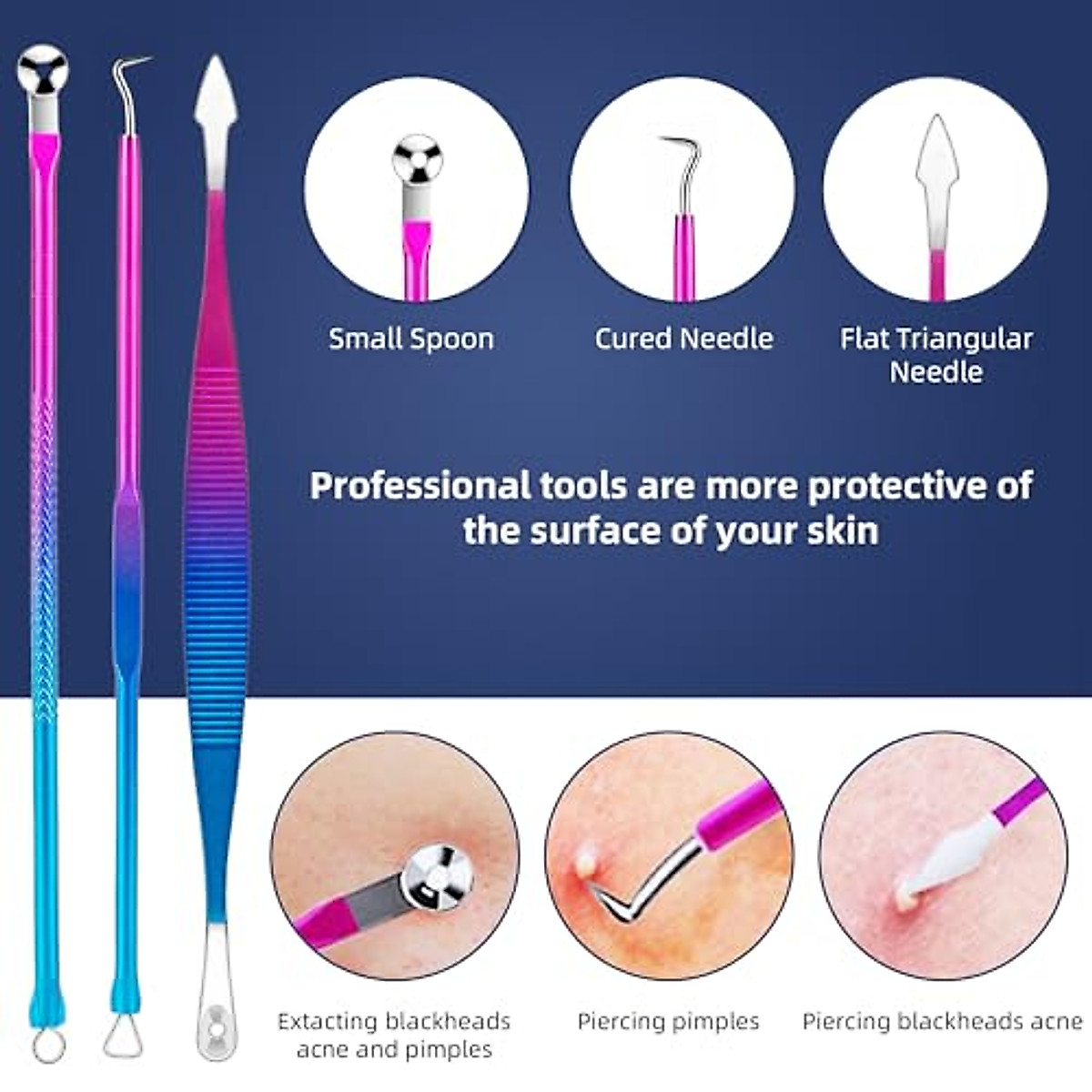 Blackhead Extractor Tools, Ybaoo 10 Pcs Professional Pimple Popper Tool Kit with Metal Case for Quick and Easy Removal of Blackheads,Pimples,Zit Removing,Facial and Nose(Colorful)