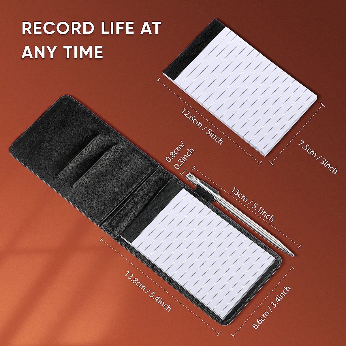 Chinco 2 Pieces Pocket Notepad Small Notebook Memo Pads Hardcover Father's Day Papa Gift Mini Journal Notepad with Refillable Lined Sheet and Ballpoint Pen Travel Journals, 5.4 x 3.4 Inch (Black)