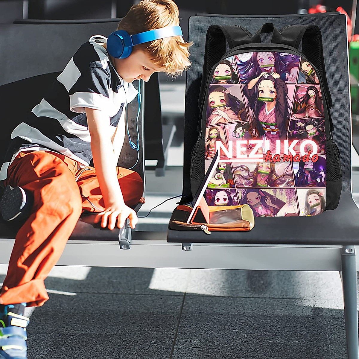 Uzui Tengen 17" Nezuko Backpack Anime Multifunction Bookbag with Side Pockets Durable Laptop Bag for Teen Boys Girls