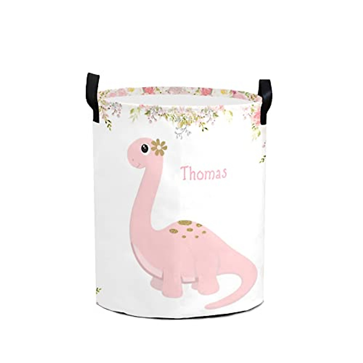 Pink Floral Girl Dinosaur Personalized Laundry Hamper ,Custom Name Collapsible Waterproof Laundry Basket Storage Bins with Handle for Clothes,Toy,Nursery