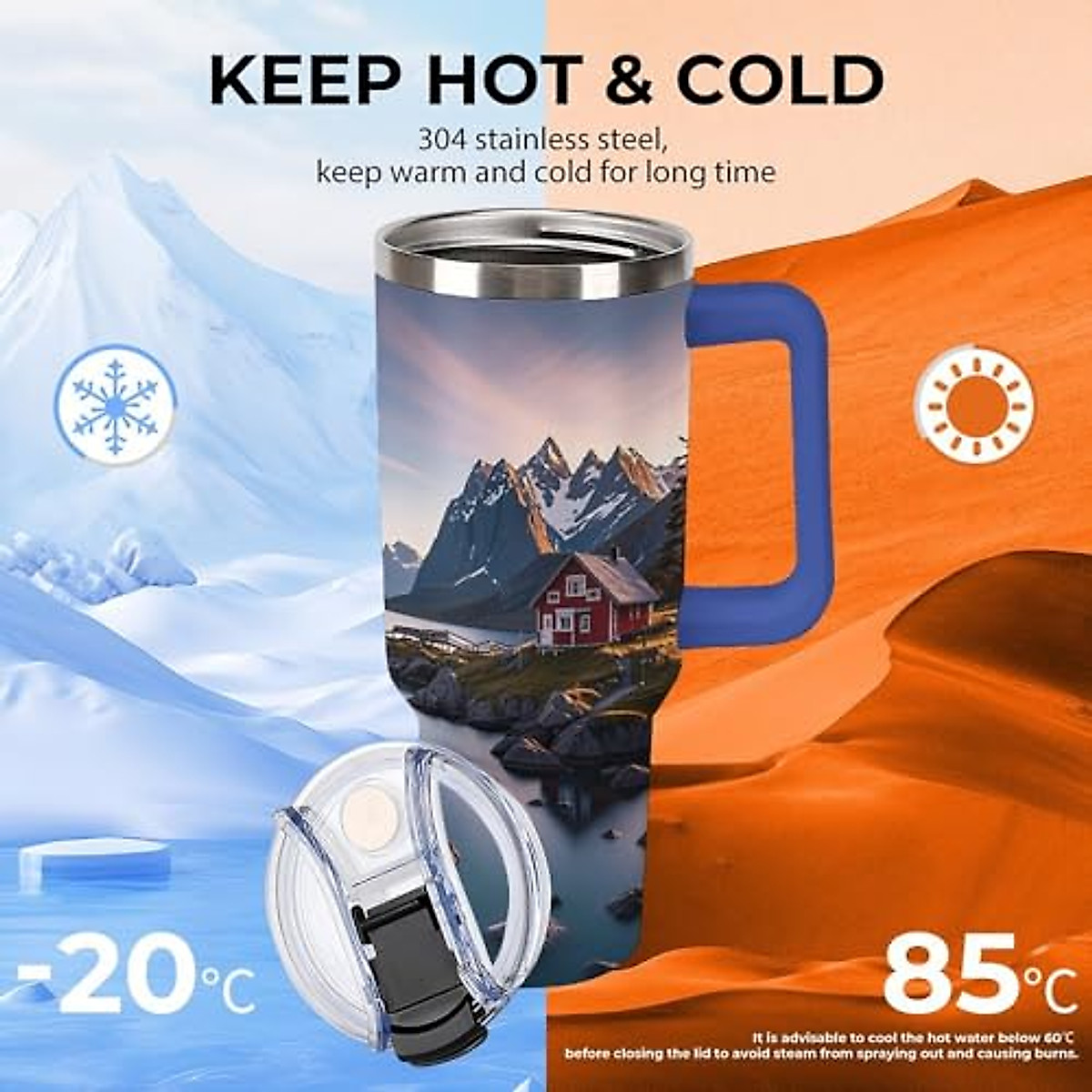 LLUTSNTH 40 Oz Vacuum Tumbler with Deep Blue Handle Leakproof Insulated Tumbler Norway Islands Stainless Steel Travel Mug with Lid And Straw Coffee Cup Cute Water Bottles Cup Holder Friendly
