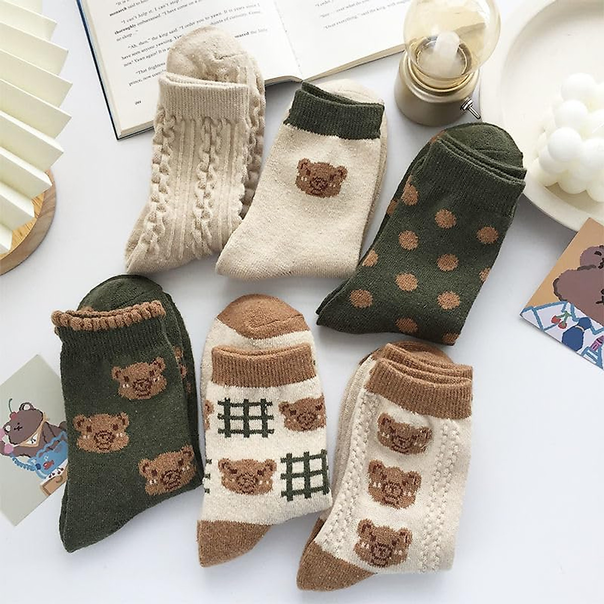 6 Pairs Vintage Socks Y2K Cute Bears Cotton Socks Gyaru Aesthetic Ankle Dress Socks Downtown Girl Preppy Accessories (6 Pairs,One Size)