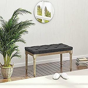 Yusong Upholstered Bench,Bedroom Bench for End of Bed,Piano Bench Dining Bench Entryway Shoe Bench with Button Tufted Padded Seat for Living Room, Vanity Bench Foot-Stool with Carved Wood Legs,Grey