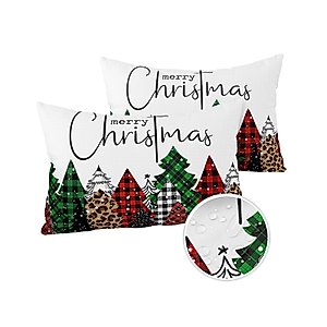 Edwiinsa Outdoor Pillow Covers Waterproof, Christmas All Weather Cushion Case Set of 2, Xmas Tree Leopard Check Winter Snowflake Lumbar Pillowcase for Sofa Couch Bed Decor Patio Furniture 20"x12"