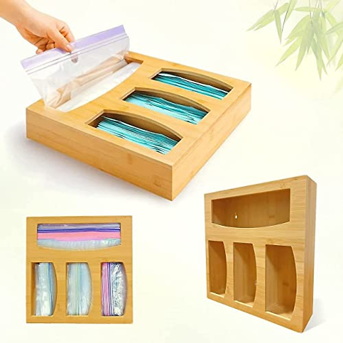 Walmax Bamboo Ziplock Bag Organizer - 12 x 3 x 12 Inches Plastic Bag Organizer - 4 compartments Ziplock Bag Storage Organizer for Kitchen Drawer