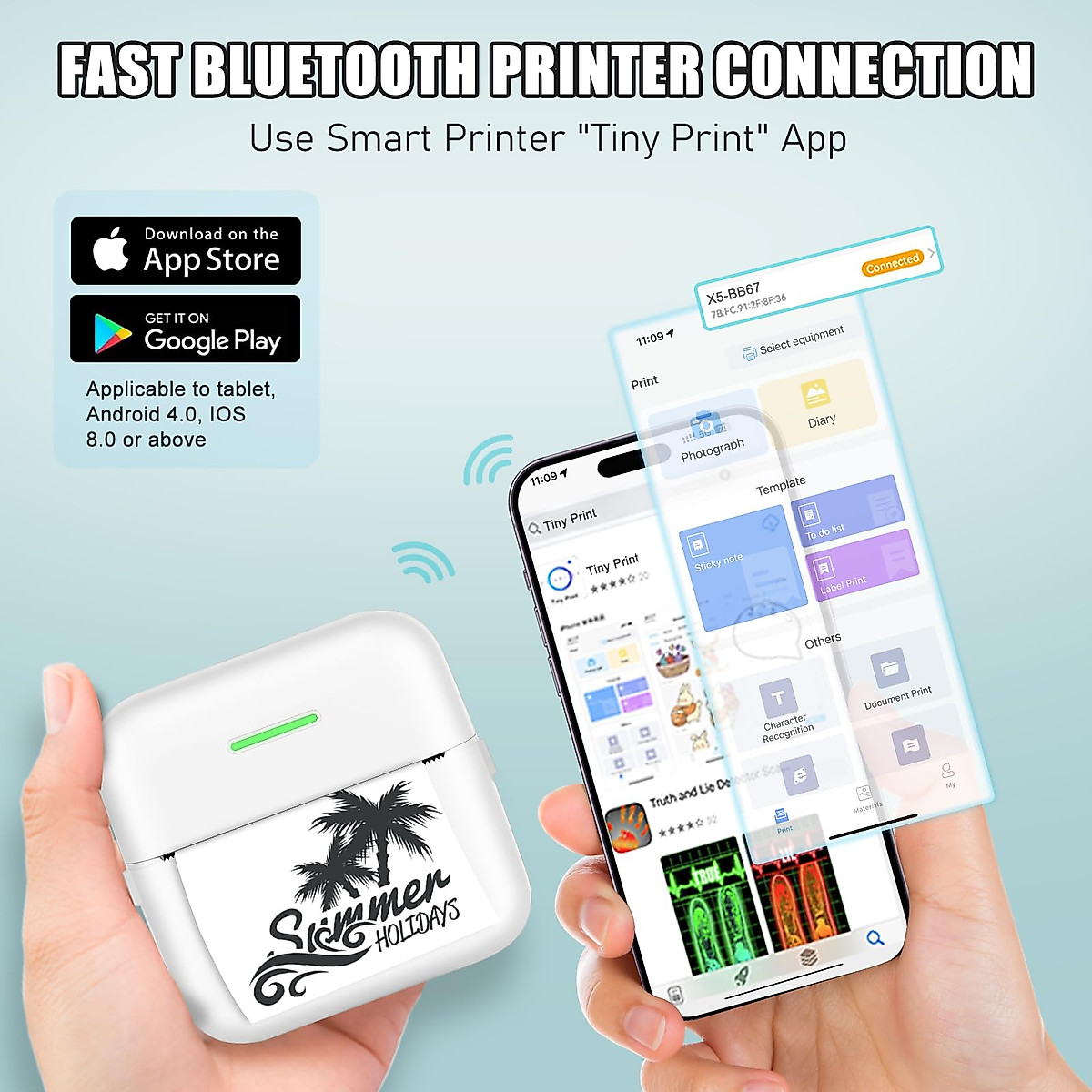 Inkless Sticker Printer, Mini Pocket Printer with 5 Rolls Printing Paper for Android or iOS APP, Portable Bluetooth Inkless Printer Gift for Kids, Thermal Printer for Photo Journal Notes Memo