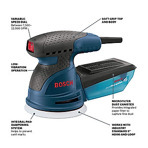 BOSCH ROS20VSK Palm Sander - 2.5 Amp 5 in. Corded Variable Speed Random Orbital Sander/Polisher Kit with BOSCH SR5R000 6-Piece Assortment 5 In. 8 Hole Hook-And-Loop Sanding Discs