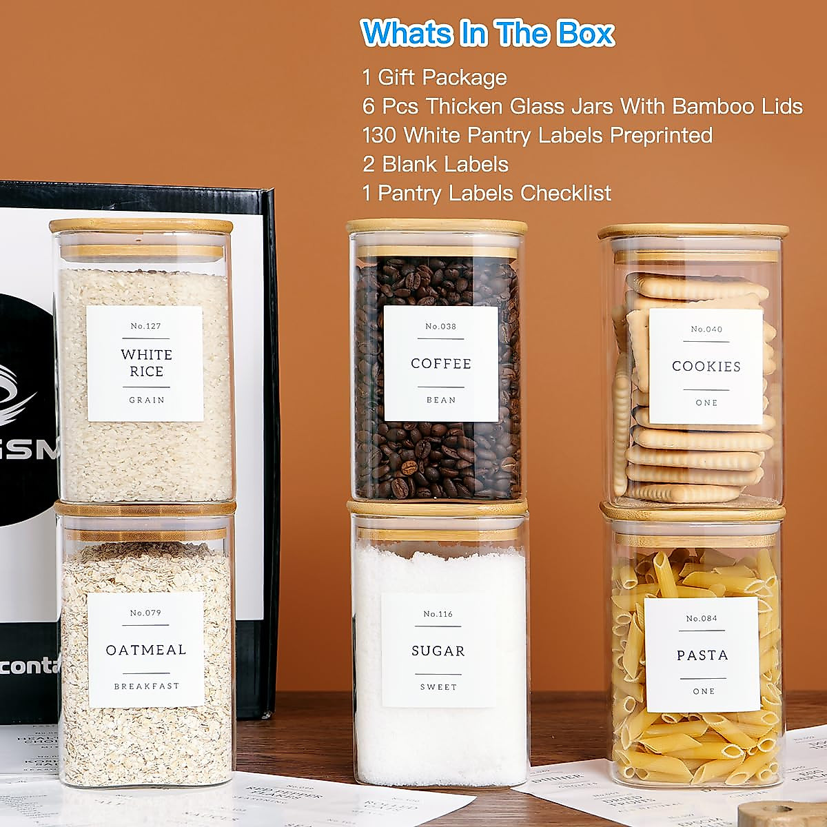 CZZGSM 6 Pack Square Glass Kitchen Storage Jars with Airtight Bamboo Lids and 132 Pantry Labels - 35oz Glass Canisters With Wood Lids - Glass Food Storage Containers for Coffee, Cookie, Tea, Spice