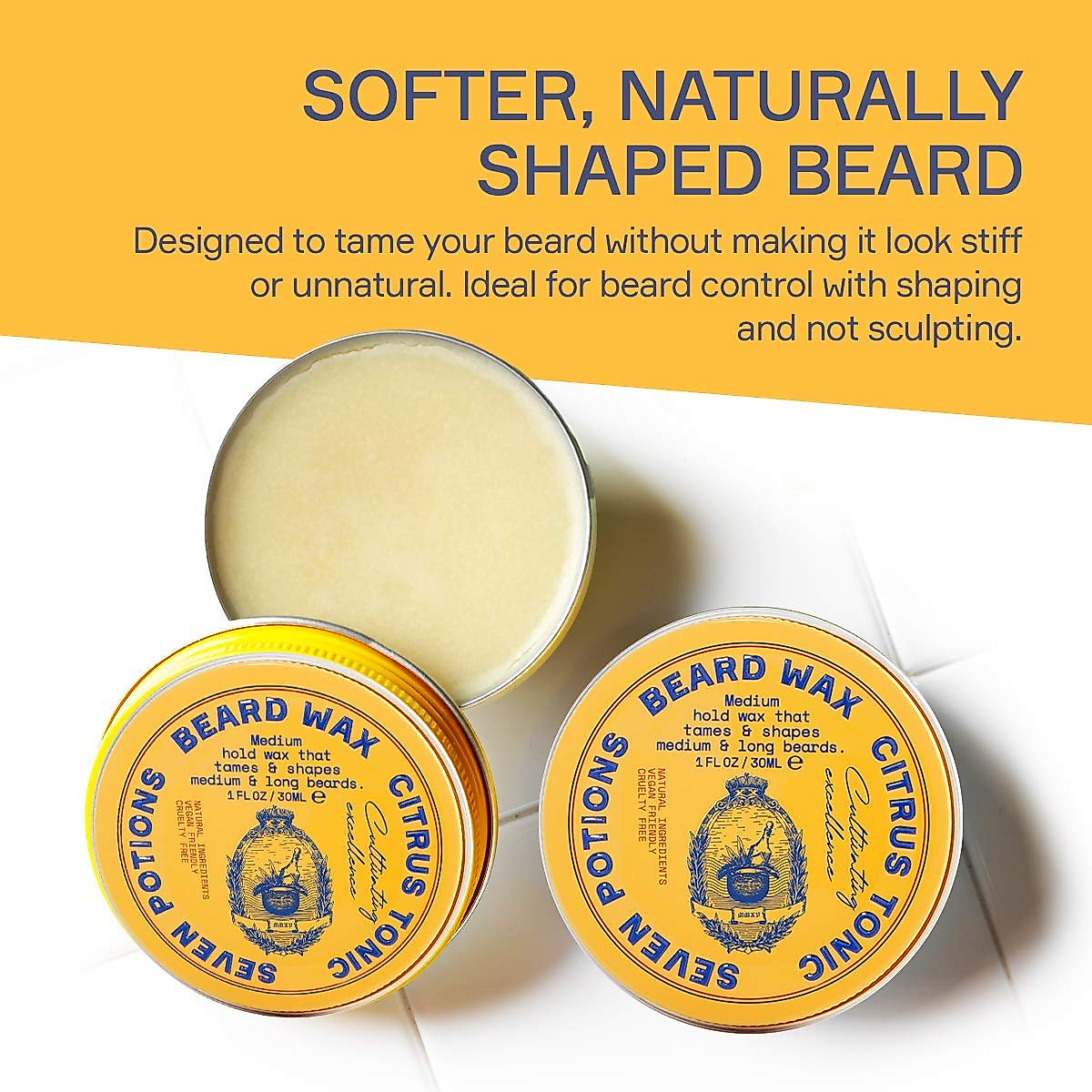 SEVEN POTIONS Beard Wax for Men — Medium Hold Styling Wax to Shape And Nourish Your Beard — All-Natural, Vegan, Cruelty Free — Citrus Tonic (1 FL OZ)
