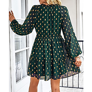 KIRUNDO Women's 2024 Spring Summer Long Sleeve V Neck Ruffle Polka Dot Mini Dress Casual Loose Tiered Swing Tunic Dresses(Dark Green, X-Large)