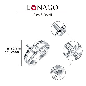LONAGO 925 Sterling Silver I am Enough Cross Ring I am Strong Ring Inspirational Religious Crucifix Encouragement Statement Jewelry Gift for Women (6)