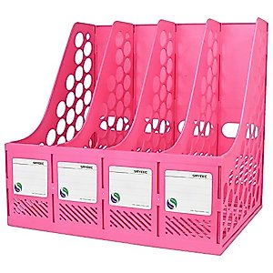 SAYEEC Magazine File Holder, Plastic Desk Organizer File Folder Holder for Desk with 4 Vertical Compartments, Sturdy Desktop Binder Organizer Home Accessories Storage for Office Organization (Pink)