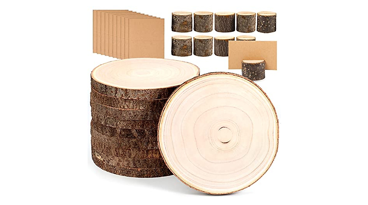 Caydo 10 Large Wood Slices & Table Card Holders for Weddings & Decor