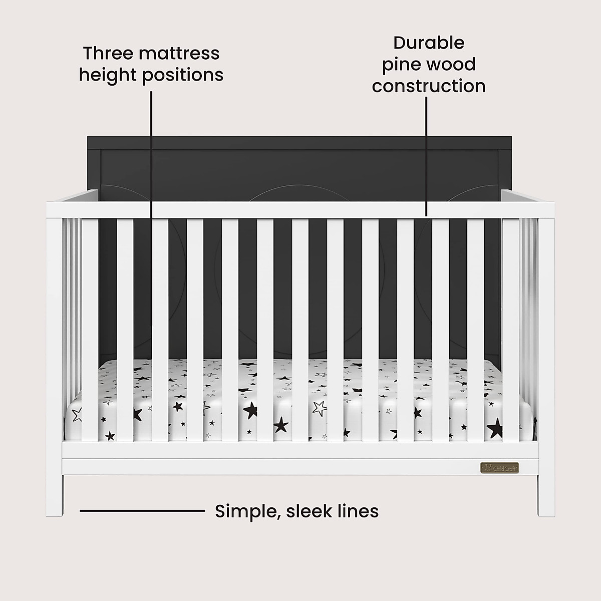 Child Craft Orbit 4-in-1 Convertible Crib, Baby Crib Converts to Day Bed, Toddler Bed and Full Size Bed, 3 Adjustable Mattress Positions, Non-Toxic, Baby Safe Finish (Ebony/Matte White)