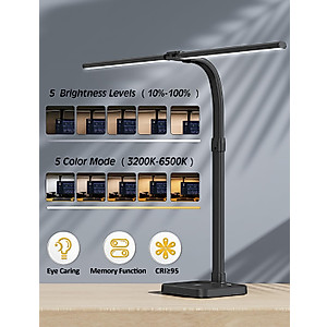 AKRRYR LED Desk Lamp for Home Office, Double Head 24W with USB Charging Port & Wireless Charger, Architect Light 5 Lighting Brightness Flexible Gooseneck Table Reading Study, Black