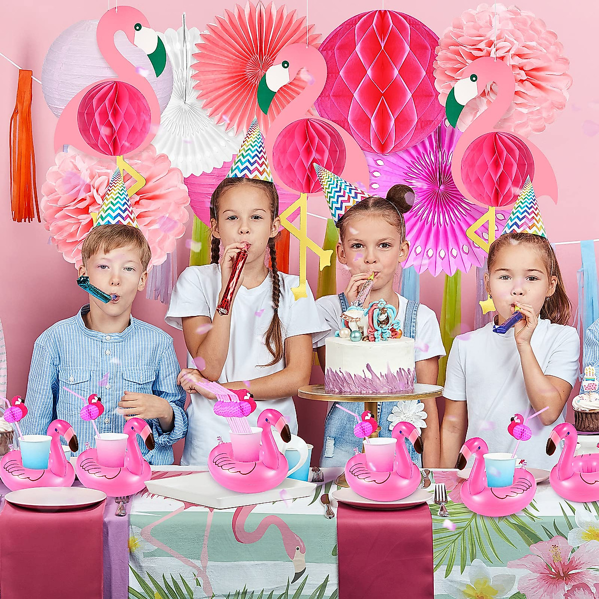 97 Pieces Flamingo Party Decorations Set, Including 36 Inflatable Drink Floats 50 Pink Flamingo Straws 11 Pink Flamingo Party Decorations Reusable Pool Drink Holder Plastic Drinking Straws for Party
