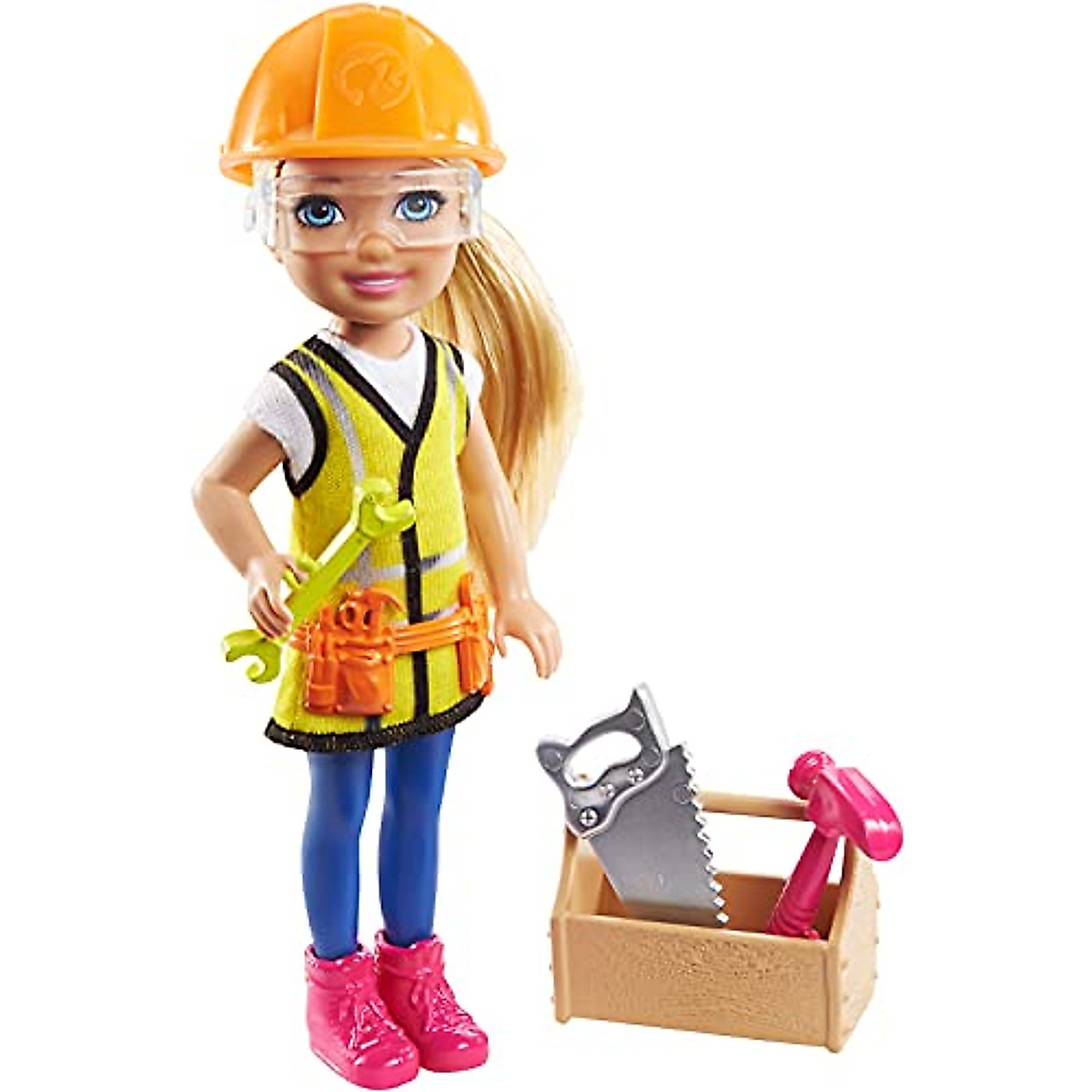 Barbie Chelsea Can Be Playset with Blonde Chelsea Builder Doll (6-in) Hard Hat, Tool Belt, Goggles, Saw, Hammer, Wrench, Toolbox, Great Gift for Ages 3 Years Old & Up