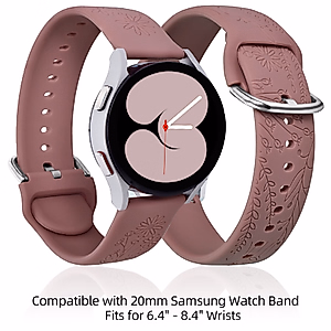 ORATYFAN Bands for Samsung Galaxy Watch 7/4/5/6 with Charms, 20mm Women Floral Engraved Silicone Strap with Decorative Rings for Watch 6/Watch 5 Pro/Watch 4 Classic 46mm 42mm/Watch 3 41mm/Active 2