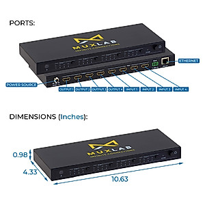 MuxLab 4x4 HDMI 2.0 4K 60hz Matrix Switcher | IR Remote | Supports 4K@60Hz | 4:4:4 | HDR | 4 in 4 Out | No Driver | Control with IR Remote | RS232 | TCP/IP & Push Button | Switcher and Splitter