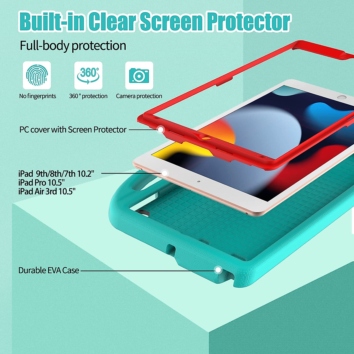 RTOBX Kids Case for iPad 10.2 & 10.5, iPad 9th/8th/7th Generation 10.2" 2021 2020 2019 Case with Screen Protector, iPad Air 3rd Gen/Pro 10.5 inch Protective Cover with Handle Stand, Cyan&Red