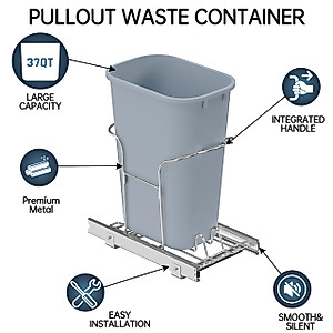 JOWBOOW Pull Out Trash Can Under Cabinet, 37 Qt Under Cabinet Trash Can Pull Out with Soft Close Slides, Kitchen Cabinet Garbage Can Pull Out, Grey