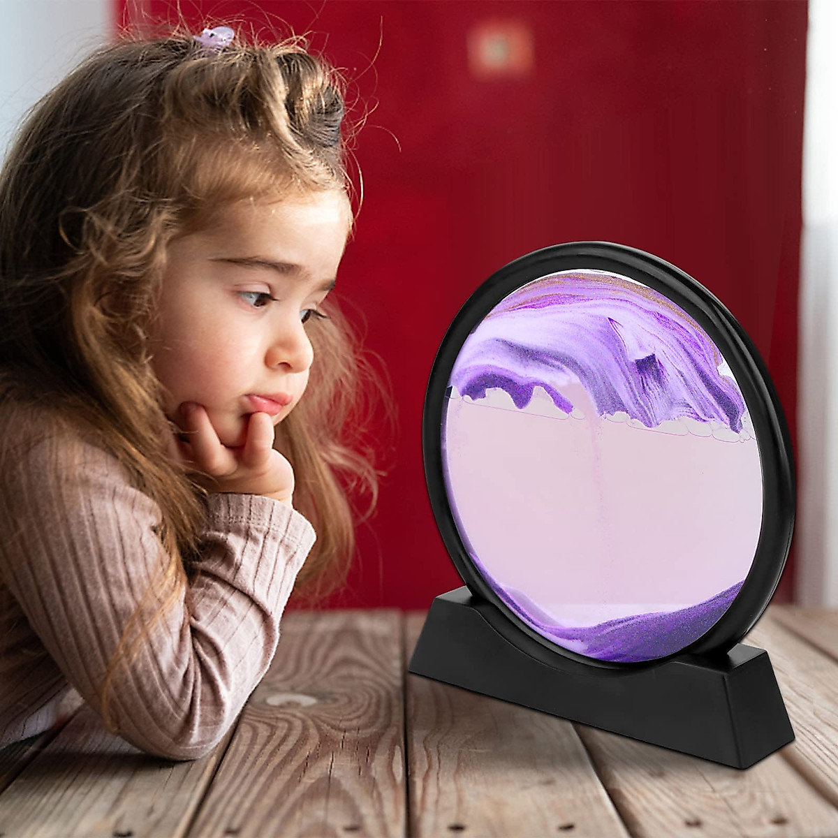 Moving Sand Art Flowing Sand Painting 3D Natural Landscape Dynamic Sand Painting,Round Glass Sea Sand Painting Artistic Sandscape for Home Ornament Desktop Art Bookshelves Decoration(Purple,7 Inches)