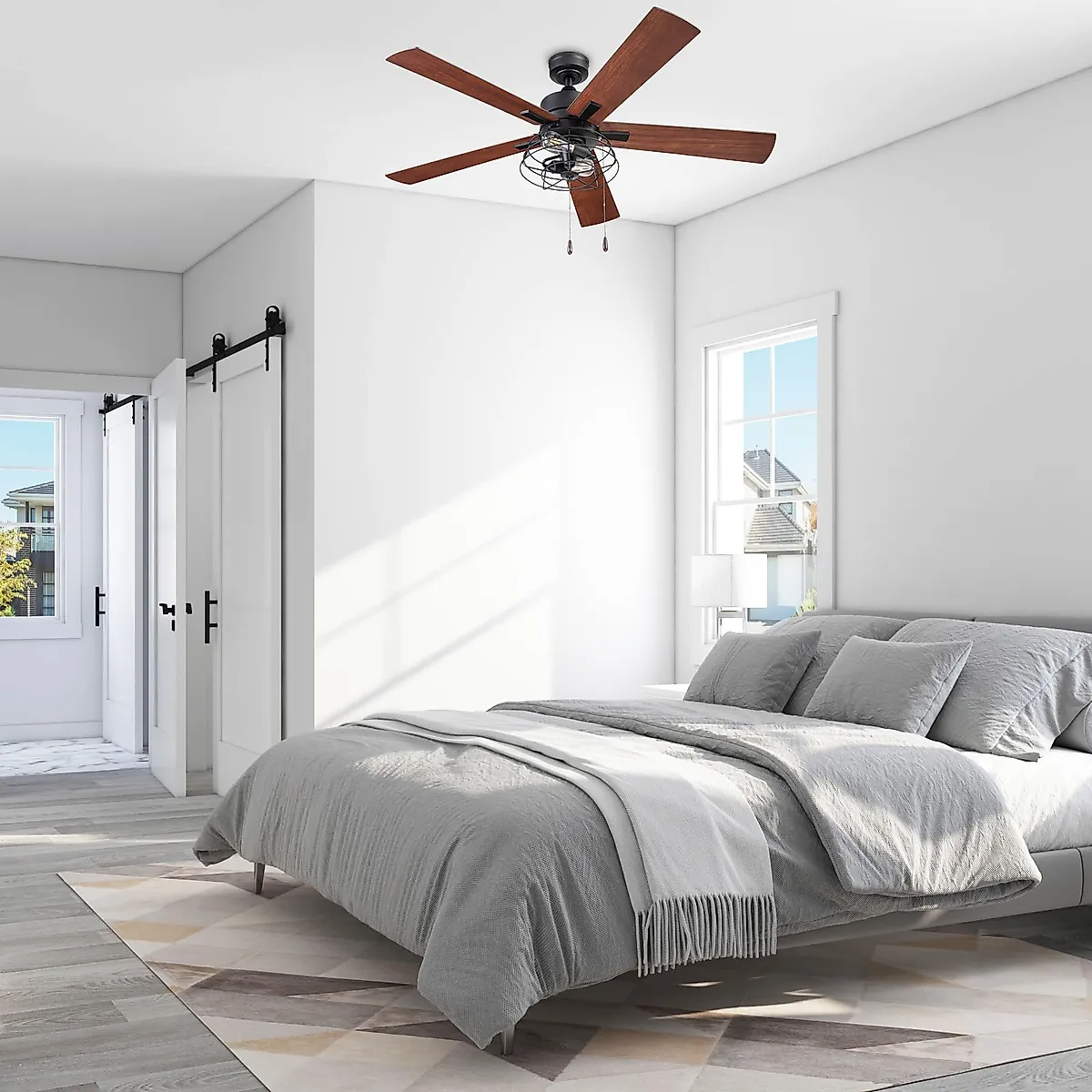 Prominence Home Marshall, 52 Inch Industrial Style LED Ceiling Fan with Light, Pull Chain, Three Mounting Options, Dual Finish Blades, Reversible Motor - Model 51457-01 (Matte Black)