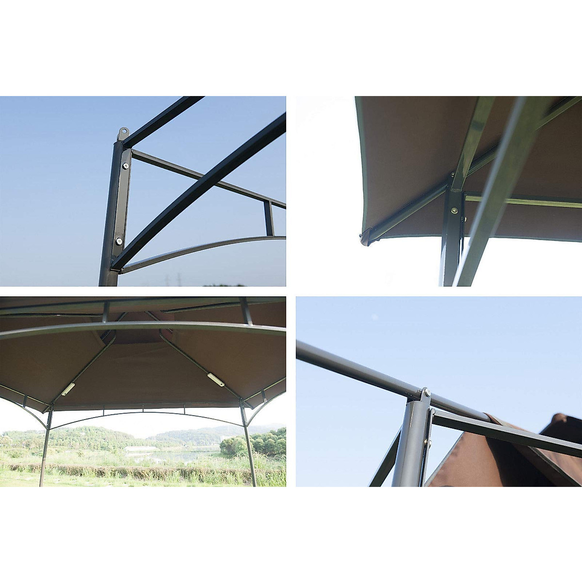 8x5 Ft Barbecue Metal Grill Gazebo Tent Pergola BBQ Canopy Sun shelter for Outdoor Patios Deck Yard Balcony W/Lights 2-Tier Vent Brown Soft Top Roof