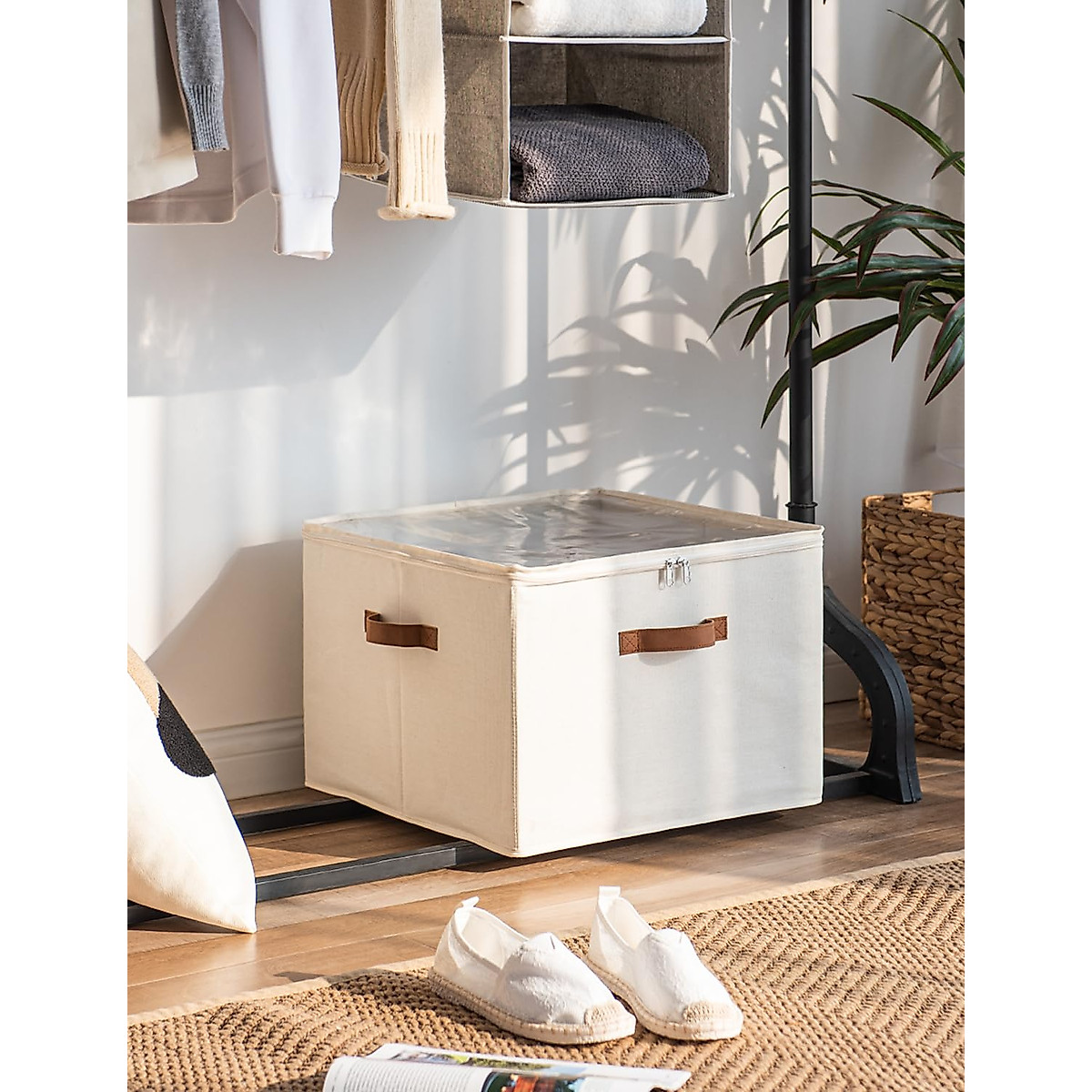 StorageWorks Shoe Organizer for Closet, Fabric Shoe Storage Bins with Clear Cover, Adjustable Dividers for Shoe Storage, Beige, 1-Pack, Shoe Cube Organizer Fits up to 16 Pairs