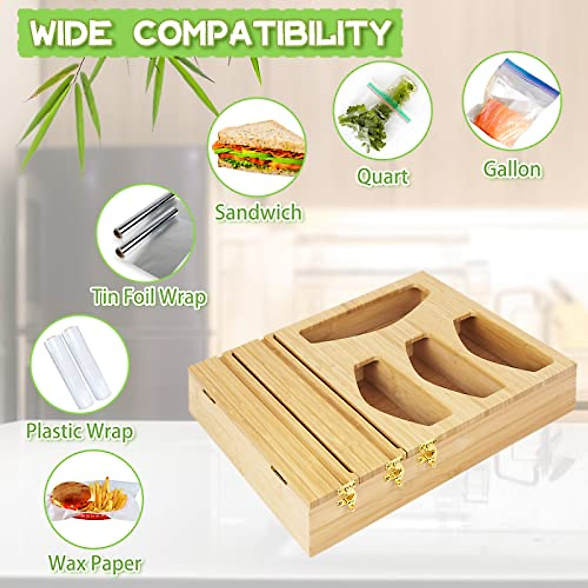 KMOTASUO Bamboo Ziplock Bag Organizer for Drawer, 6 in 1 Food Storage Bag Organizer Wrap Dispenser with Cutter, Great for Quart Gallon Sandwich Snack Bags & Foil Plastic Wrap (6 in 1)