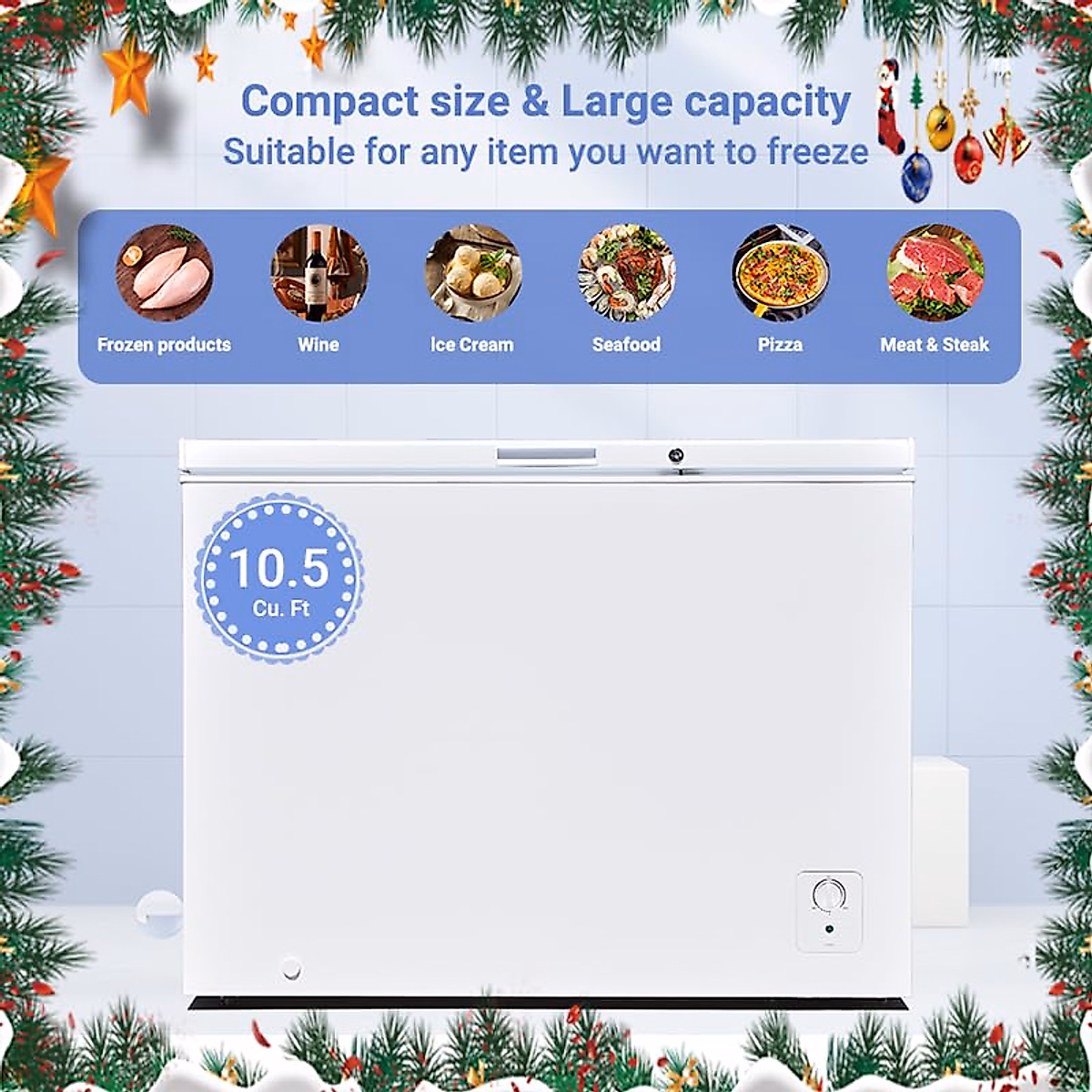 SMETA Deep Freezer, Chest Freezer 10.5 Cubic Feet, Chest 4 Wheels Adjustable Thermostat, Energy Saving for Garage, Kitchen, Office, Meat, Commercial with 3 Baskets, White